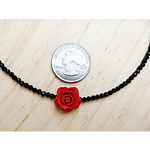 CF100 Black Choker With Red Rose, 925 Sterling Silver Black Spinel Beads Flower Red Rose Choker 13+2” (Red Rose