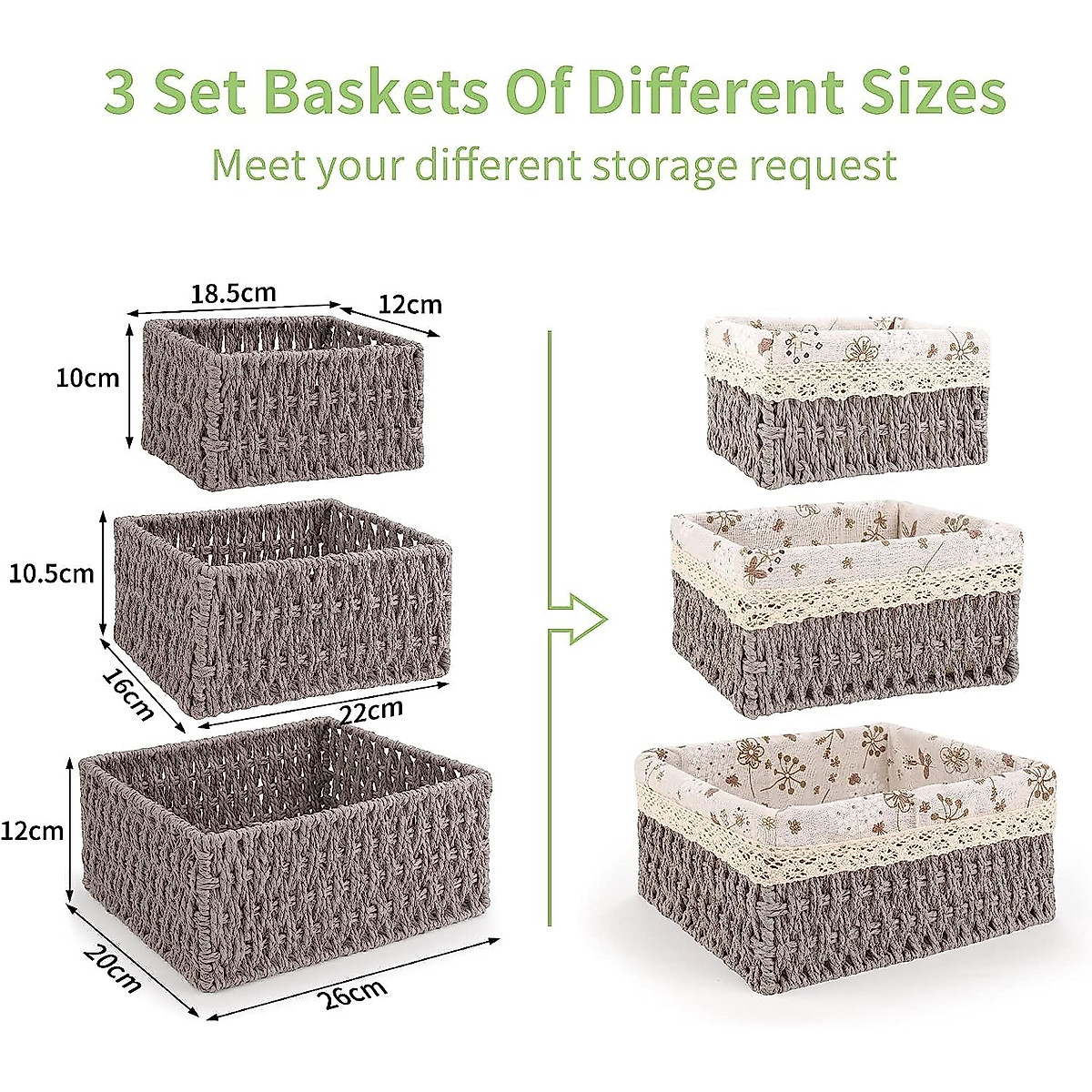Recycled Wicker Storage Basket, Small Wicker Baskets, Handwoven Baskets for Storage, Paper Rope Storage Baskets for Organizing Container Bins for Shelves Cupboards Drawer, Small Woven Basket Set of 3