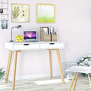 ITUSUT Modern Computer Desk with Drawers, Small White Writing Laptop Desk Makeup Table Vanity Desk with 2 Drawers & Natural Legs for Home Office