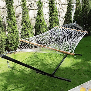 Double Outdoor Hammock with Stand, 2 Person Cotton Rope Hammock with Polyester Pad and Pillow for Backyard Porch Patio Garden