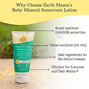 Earth Mama Baby Mineral Sunscreen Lotion SPF 40 | Reef Safe, Non-Nano Zinc, Natural Water Resistant Sun Cream for Babies, Kids & Adults, 3-Ounce