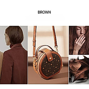 Round Handbag for Women, PVC Faux Leather Ladies Crossbody Purses and Handbags Vegan Leather Purse Round Signature Monogram Satchel Bag, Brown