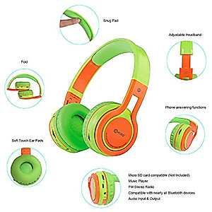 Contixo KB-2600 Kids Over Ear Foldable Bluetooth Headphones - Kids Safe 85dB with Volume Limiting - Built-in Microphone - Micro SD Card Slot - FM Stereo Radio - Phone Controls (Green + Orange)