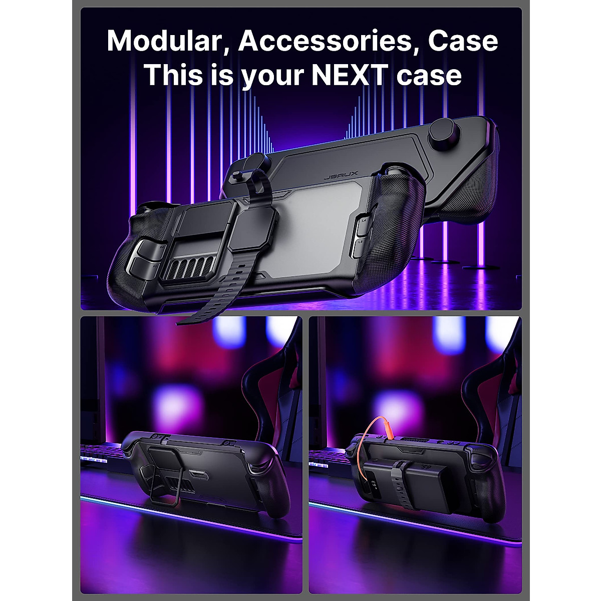 JSAUX PC0104 ModCase for Steam Deck, Steam Deck Case with Detachable Front Shell Include Protective Case, Face Cover,Metal Bracket and Strap-Basic Set