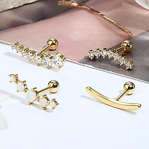 FIBO STEEL 4 Pcs 16G Cartilage Stud Earrings for Women Opal CZ Bar Helix Conch Daith Piercing Jewelry Set Gold-tone