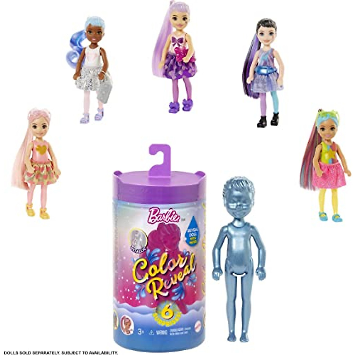 Barbie Color Reveal Chelsea Doll with 6 Surprises: 4 Mystery Bags, Water Reveals Doll's Look & Color Change on Bodice; Glitter Series; [Styles May Vary]