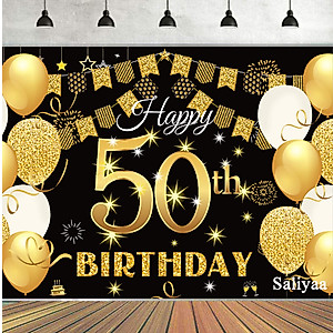 Saliyaa 7x5ft Happy 50th Birthday Backdrop,Happy Birthday Party Decoration, Black Gold Birthday Sign Poster Photo Booth Backdrop Background Banner for Men Women 50th Bday Anniversary Party Supplies