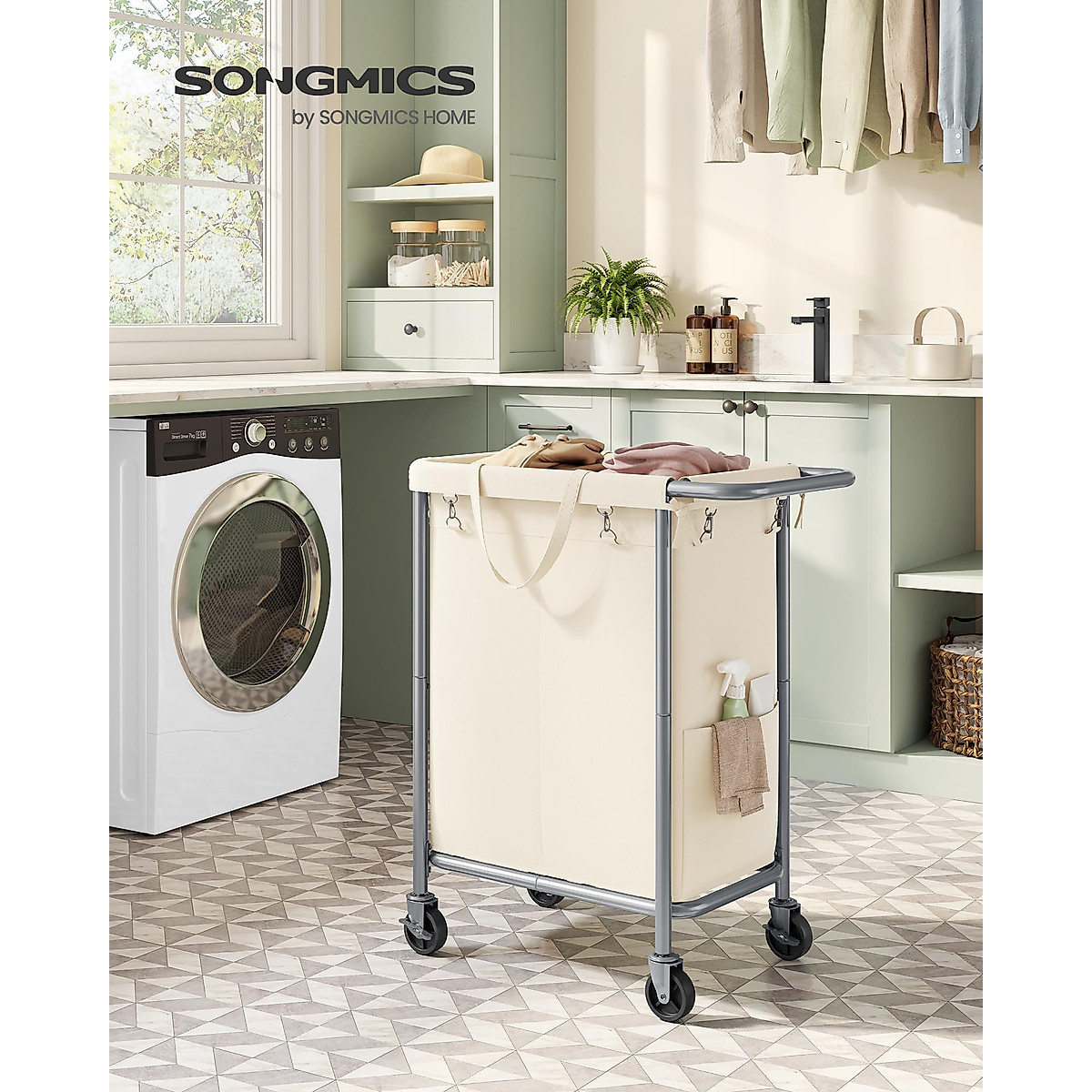 SONGMICS Laundry Basket with Wheels, 2-Section Rolling Laundry Hamper, 37 Gallons (140L), Removable Liner, Steel Frame with Handle, Blanket Storage, 27.2 x 15.4 x 31.9 Inches, Cream White URLS004W01