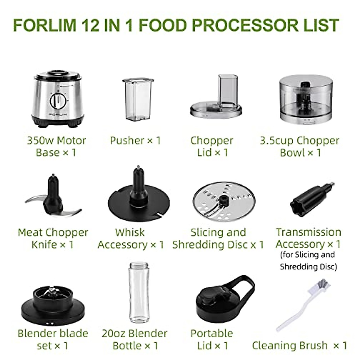 FORLIM 3.5 Cup Small Food Processor,12-in-1 Mini Blender and Food Processor Combo for Kitchen,350W,20oz Bottle,2 Speeds+Pulse with 4 Blades, for Shakes, Smoothies, Meat, Sauces, Stainless Steel Silve