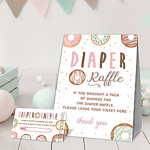 JCVUK Baby Shower Games, 1 Diaper Raffle Standing Sign with 50 Diaper Raffle Tickets,Donut Love Theme Babyshower Party Decorations and Supplies For Boys or Girls(LBLK-B11)
