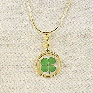 Clovers Online Good Luck Preserved Four Leaf Clover Gold Charm Pendant Necklace
