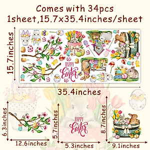 Happy Easter Wall Stickers Bunny Rabbit Wall Decals Peel and Stick Wall Art Decal Easter Egg Wall Decal Spring Flower Tree Branch Window Clings for Kids Room Nursery Living Room Kitchen Decor Gifts