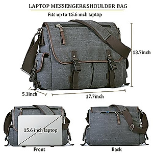 Vintage Canvas 15.6 inch Laptop Messenger Bag for Men Women, College Computer Satchel Shoulder Bag Travel Office Briefcases (Black - 2)