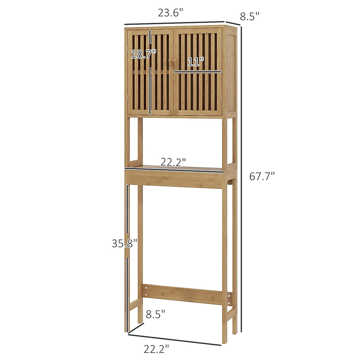 HOMCOM Bamboo Over The Toilet Storage Cabinet, Over Toilet Bathroom Organizer with Slatted Doors, Adjustable Shelf and Open Shelf, Natural