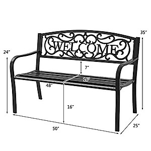 S AFSTAR Garden Bench, Metal Porch Bench for Park Garden Yard, Outdoor Patio Bench with Weather-Resistant Cast Iron Backrest and Welcome Pattern, Front Door Bench Park Bench for Outside (Black)