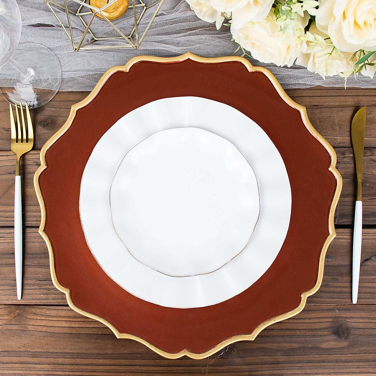 Efavormart 6 Pack | Terracotta & Gold 13" Round Scallop Rim Plastic Charger Plates, Tabletop Dinnerware Decor