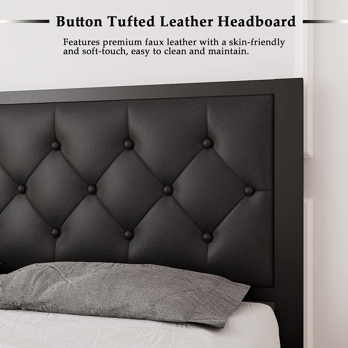 Feonase Full Size Metal Bed Frame with Faux Leather Button Tufted Headboard, Heavy-Duty Platform Bed Frame with 12" Storage, Steel Slats Support, No Box Spring Needed, Noise Free, Black
