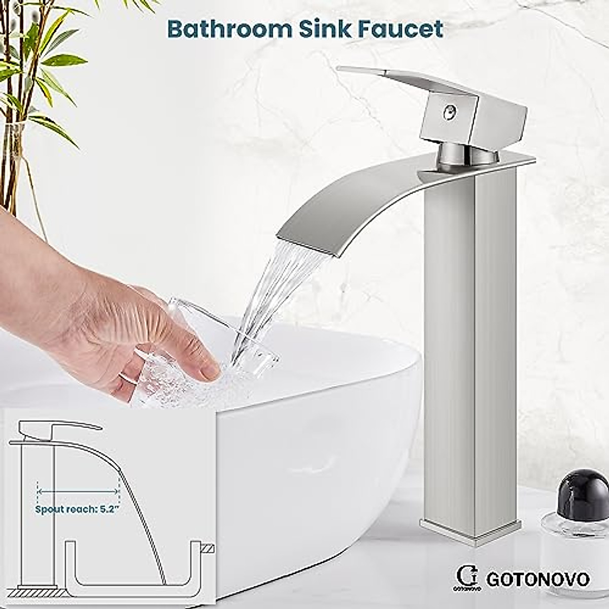 gotonovo Waterfall Bathroom Faucet,Single Handle Bathroom Faucets for 1 Hole Sink,Vessel Bathroom Sink Faucet Stainless Steel Mixer Tap Wash Basin Faucet,No Drain,Brushed Nickel