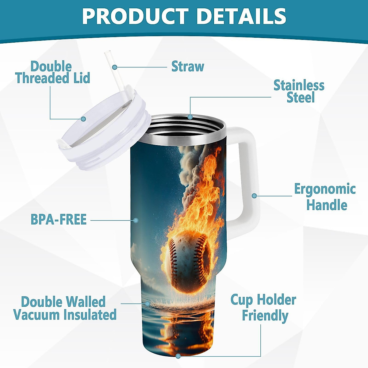 ODAWA Fire Water Baseball 30 Oz Water Tumbler with Lid and Straw Insulated Cup