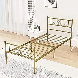 SimLife Twin Bed Frame with Headboard and Footboard Metal Platform Bed Frame Under Bed Storage Mattress Foundation No Box Spring Need Gold