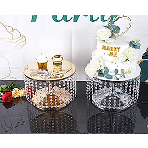 8 Inch Tall Metal Cake Stand - 12" Dia Round Base Cake Display Stand with Hanging Acrylic Crystals for Dessert Table, Wedding, Party, Event, Home Décor
