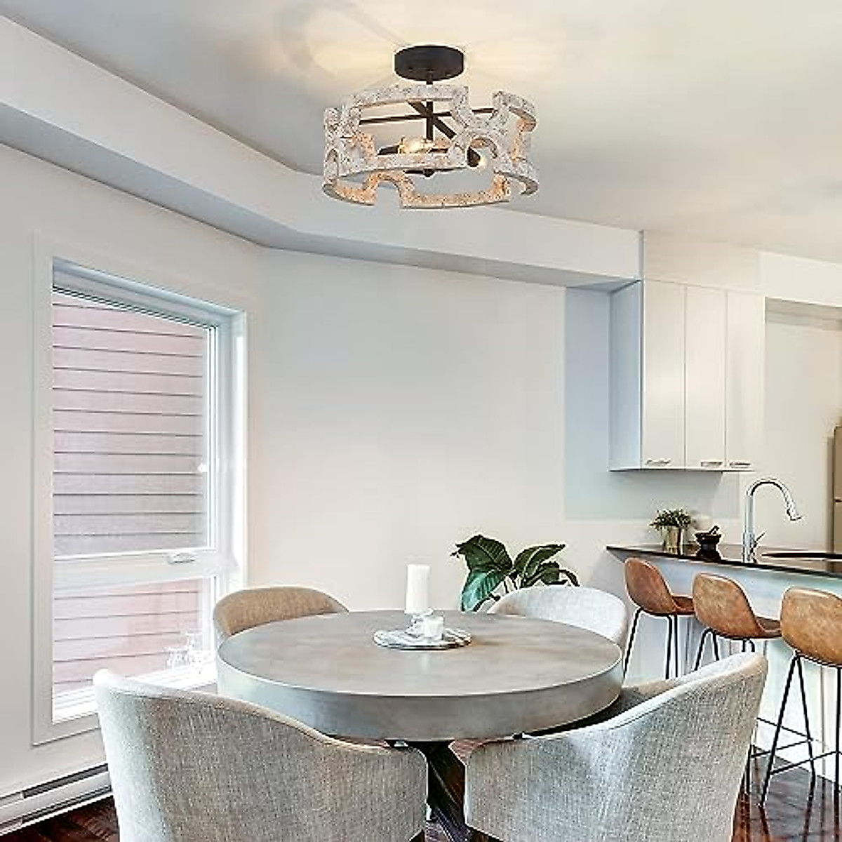 Farmhouse Wood Semi Flush Mount Ceiling Light, Distressed White Vintage Drum Close to Ceiling Light Fixture for Bedroom, Hallway, Kitchen, Dining & Living Room, Foyer and Bathroom