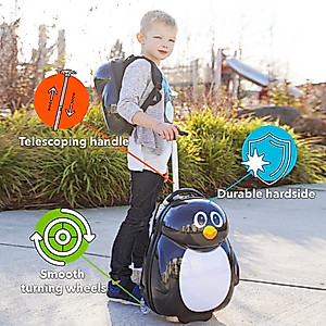 KIDDIETOTES Kids Carry-on Upright Luggage Suitcase and Backpack Set - Smooth Rolling Wheels - Penguin