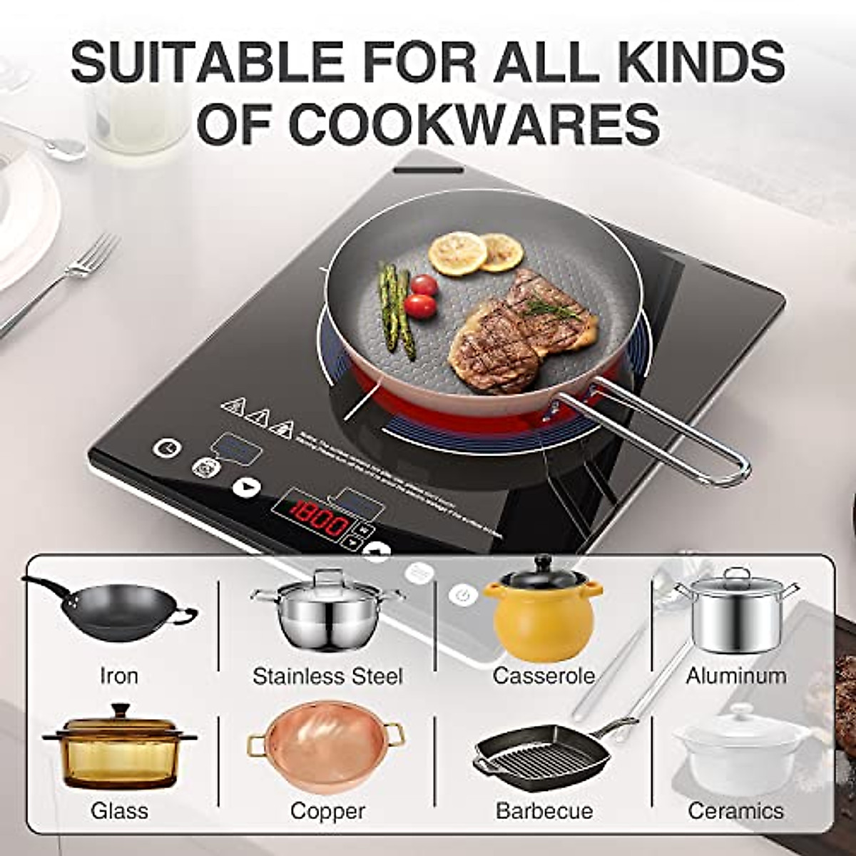 GIHETKUT Electric Cooktop Single Burner, 1800W Electric Stove Top with Touch Control, 9 Power Levels, Kids Safety Lock & Timer, Overheat Protection,110V Induction Cooktop
