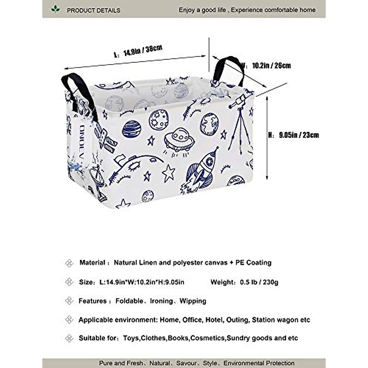 ONOEV Rectangular Folding Laundry Basket, waterproof Canvas Basket,gift basket,Suitable for children's room,Office,Clothes,Toys Storage (Blue Planet)