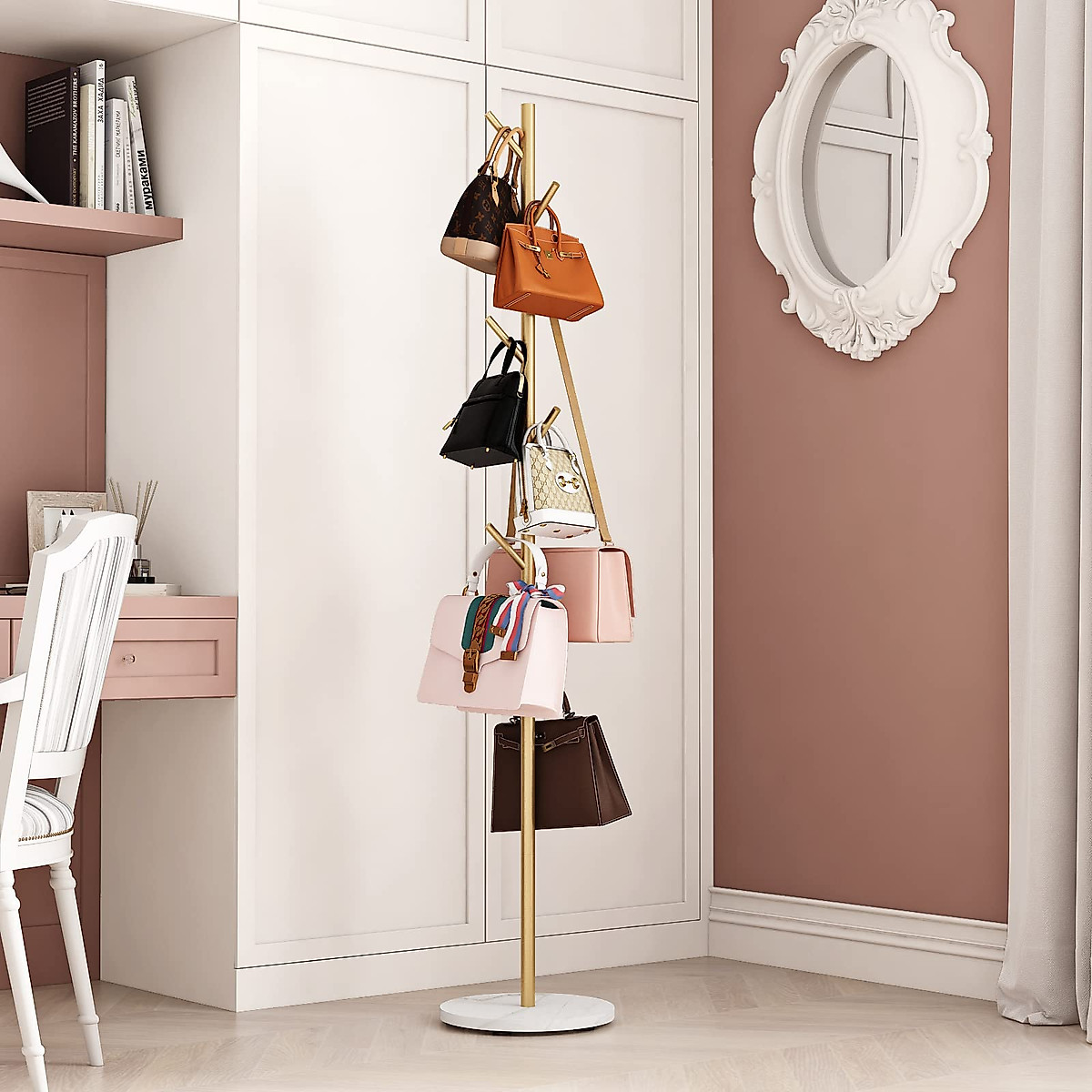 TIEOU Free-standing Coat Rack Gold, Hat Hanger Hall Tree, Metal Coat Hangers for Scarves, Backpacks, Umbrellas, Purses, Simple Coat Stand, Stylish Coat Tree with Stable Round Marble Base, 8 Coat Hooks