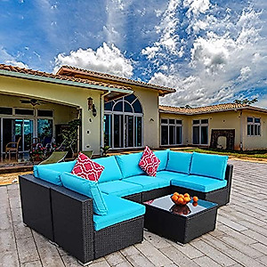 Polar Aurora 7 Pieces Outdoor Patio Sofa Set PE Rattan Wicker Sectional Furniture Outside Couch w/Blue Washable Seat Cushions & Modern Glass Coffee Table