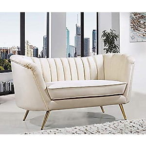 Meridian Furniture Margo Collection Modern | Contemporary Velvet Upholstered Loveseat with Deep Channel Tufting and Rich Gold Stainless Steel Legs, Cream, 65" W x 30" D x 33" H