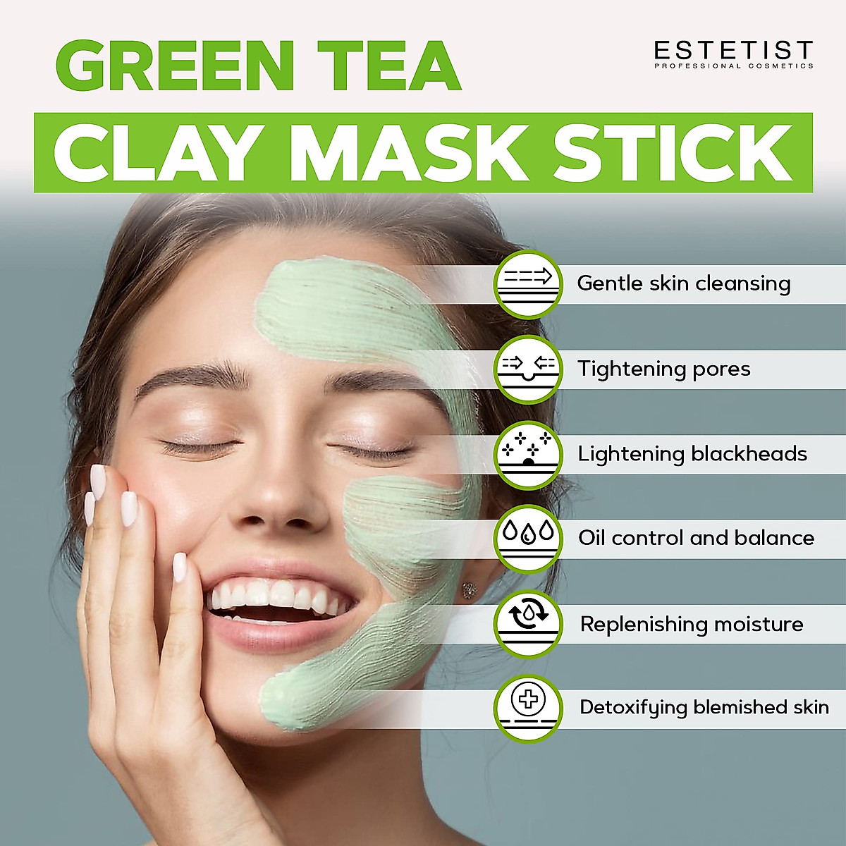 ESTETIST Green Tea Clay Mask Stick Set Purifying Face Mask Replenishing Moisture Deep Pore Cleanser Blackhead Remover Oil Control Skin Detoxifying Anti-Acne Treatment for All Skin Types Pack of 3