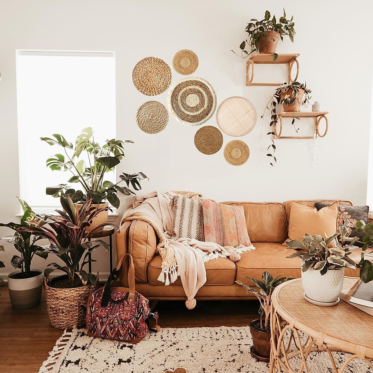 ALYBSOO Boho Wall Basket Decor set of 7, Woven Seagrass Wicker Rattan Flat Baskets Wall Hanging Decor, Handmade African Round Wall Baskets Decor, for Living Rooms, Bedrooms