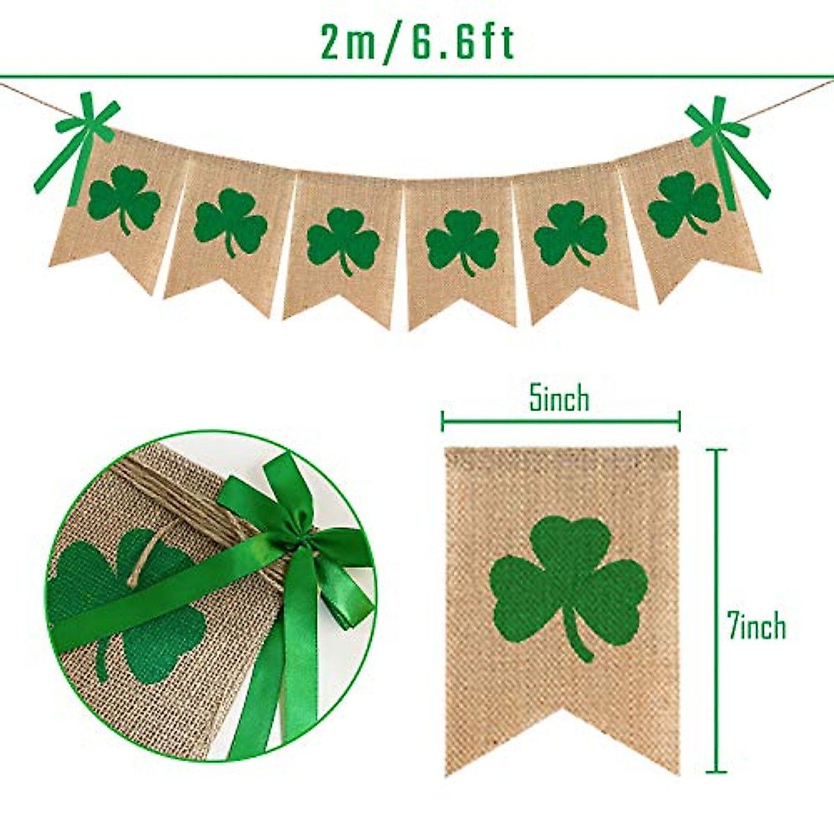 Adurself St. Patrick's Day Burlap Banner Garland Shamrock Clover Rustic Burlap Irish Lucky Day Jute Burlap Mantel Fireplace Wall Hanging for Home Irish Day Celebration St Patricks Day Decorations