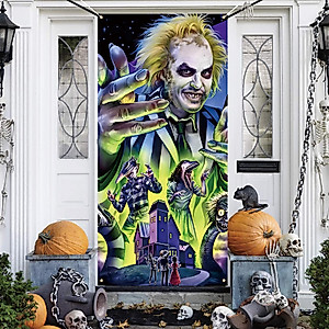Scary Beetlejuice Halloween Door Cover Happy Halloween Porch Sign Banner Beetlejuice Decor Halloween Classic Horror Party Horror Movie Character Party Decorations and Supplies for Home