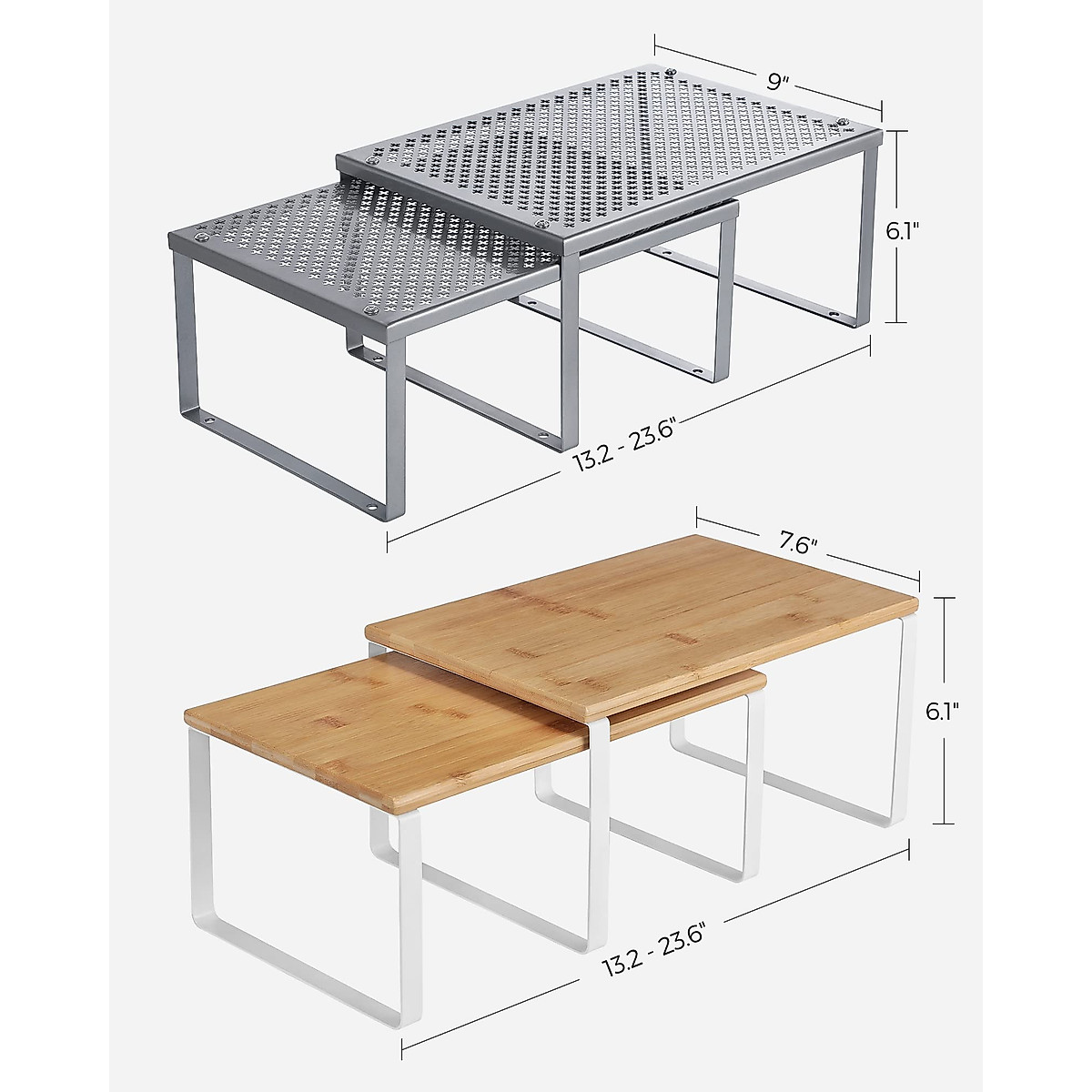 SONGMICS Bamboo Shelf Organizers and Metal Shelf Organizers Bundle, Stackable, Expandable Kitchen Shelves, Silver, Natural and White UKCS01SV and UKCS02NW