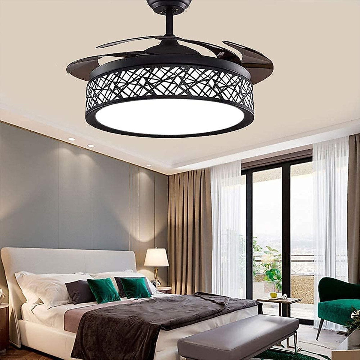 42 inch Black Cage Ceiling Fan with Lights, Ceiling Fan with Retractable Blades Three Color Change Chandelier with Remote Control, Dining Room/Living Room/Bedroom Lighting Decoration-36W