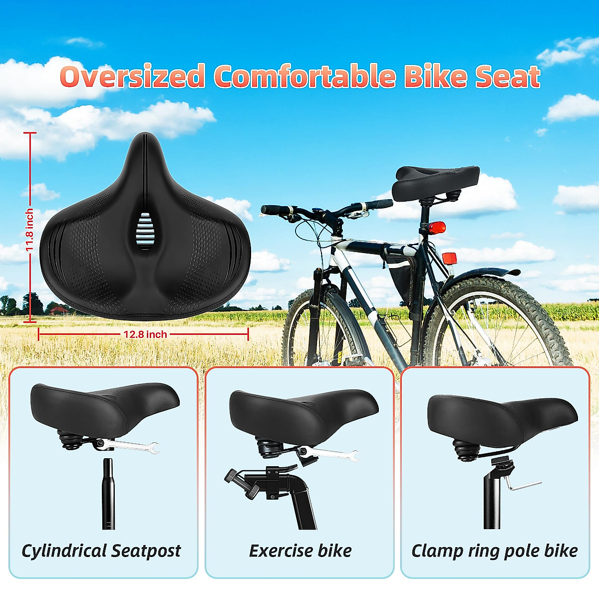 Oversized Bike Seat for Peloton Bike & Bike+, Comfort Seat Cushion Compatible with Peloton, Road or Exercise Bikes, Bicycle Wide Saddle Replacement for Men and Women, Black