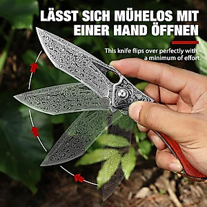 DRACHENADER Knife Damascus Pocket Knife Damascus Steel with Beautiful Leather Sheath, Outdoor Folding Knife Vg10 Core Wooden Handle Gift for Knife Lovers and Outdoor Enthusiasts
