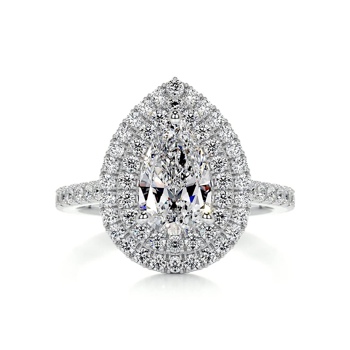 Solid Gold Handmade Engagement Rings 2 CT Pear Cut Moissanite Diamond Double Halo Bridal Wedding Ring for Anniversary Propose Gift (14K Solid White Gold)