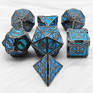 Metal DND Dice Set D&D Dungeons and Dragons Sword Dice Gift D20 Polyhedron Suitable for Rolling RPG MTG Pathfinder Board Game Accessories Free Velvet Bag-Black Nickel Glitter Blue
