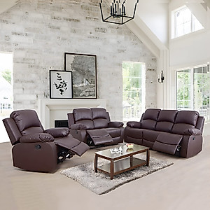 Ocstta Leather Recliner Sofa Set for Living Room Furniture Set,Recliner Sofa Set for House/Office(Leather Sofa Set 3 Pieces) Brown