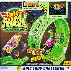 Hot Wheels Monster Trucks Glow in The Dark Epic Loop Challenge Playset with Launcher, Ramp & Giant Loop, Includes 1 1:64 Scale Die-Cast Truck & 1 Car, Toy Gift for Kids 4 to 8 Years Old