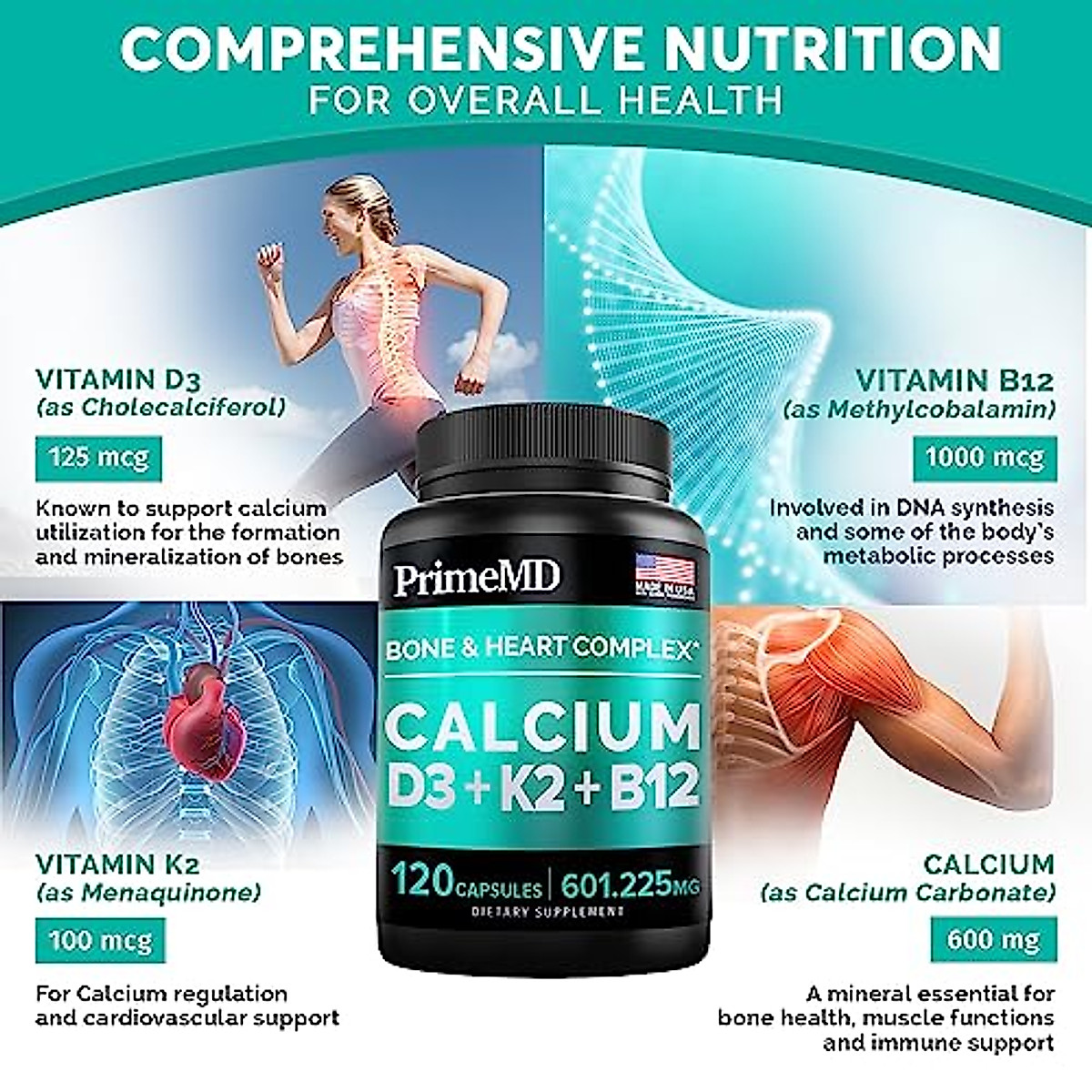 4-in-1 Calcium Supplements for Women & Men - Calcium 600mg with Vitamin D3 K2 B12 - Vitamin D3 K2 5000 IU Supplement for Heart, Bone & Immune Support - Gluten-Free, Non-GMO, Vegan Friendly (120 count)