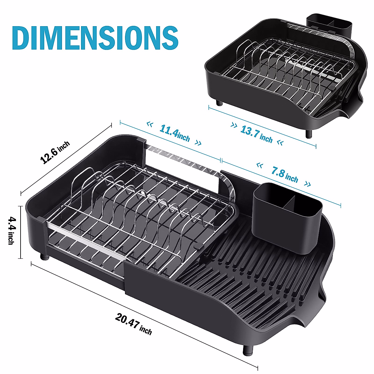 TOOLF Extendable Dish Drying Rack, Dual Part Dish Drying Rack, Adjustable Dish Drainers for Kitchen - Non-Scratch and Movable Cutlery Drainer and Drainage Spout Included, 1 Piece, Black