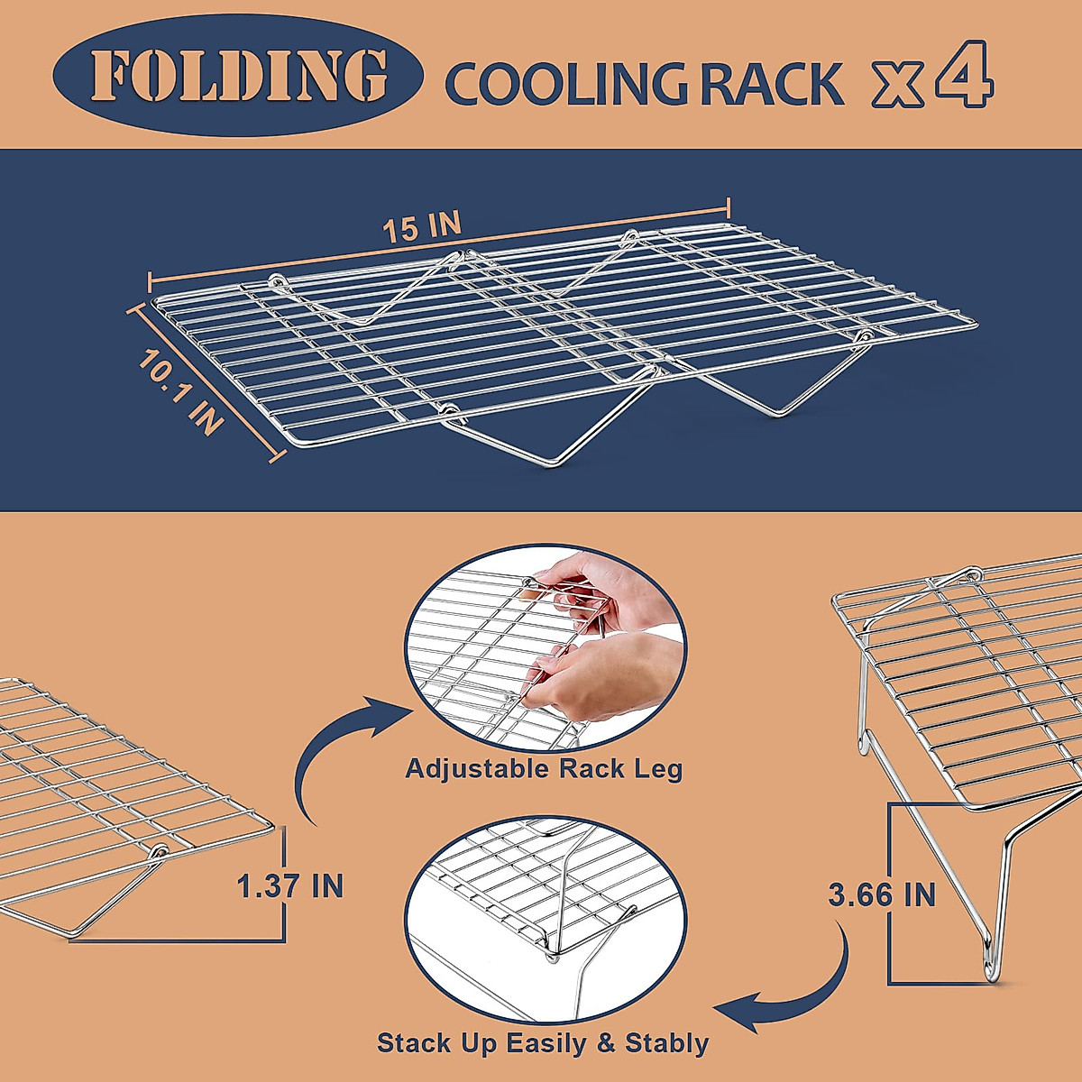 E-far 4-Tier Cooling Rack, 15”x10.1" Stainless Steel Stackable Wire Cooling Rack for Baking Cooking Cookies, Folding Leg & Non-toxic, Oven Safe & Dishwasher Safe