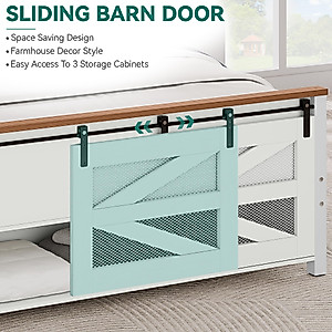 YITAHOME Queen Size Farmhouse Bed Frame with Sliding Barn Door Storage Cabinets, Platform Bed Frame with 47.2" Headboard, Solid Metal Slats Support, Noiseless, No Box Spring Needed, White