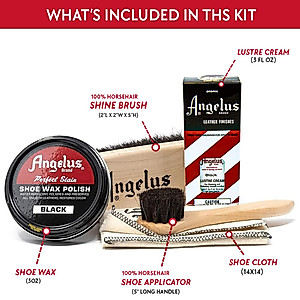 Angelus Shoe Shine Kit, Black- Boot and Shoe Polish Wax, Shoe Cream 3oz, Horsehair Brush, Dauber, and Cloth | 5 Piece Set