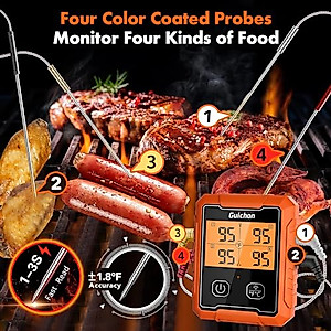 Wireless Meat Thermometer, Guichon Digital Meat Thermometer, 4 Probes Food Thermometer for BBQ, Grill, Oven, Smoker, Grill Thermometer with 500FT Remote Range